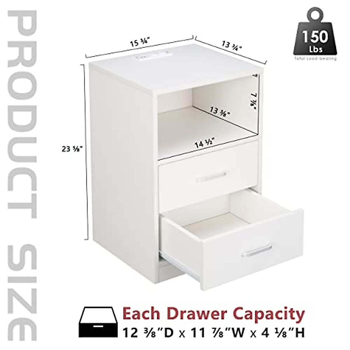PrimeZone LED Nightstand with Charging Station - Modern End Table Bedside Table with USB Ports & Outlets, Wooden Bedroom Night Stand with 2 Drawers & Open Storage, White