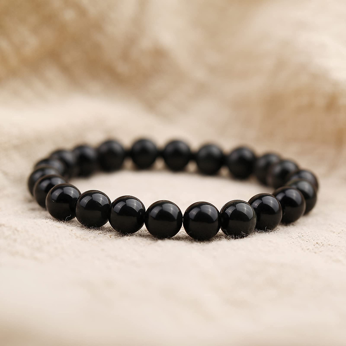 Crystal Vibe Black Obsidian Bracelet - Healing Crystal Bracelet for Spiritual Healing Positive Energy Stress Relief– 8mm Round Black Beaded Bracelets for Women Men - Elastic Adjustable Size