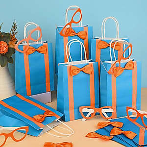 Bolsome 20Pcs Orange Blue Party Favor Bags with 20Pcs Paper Glasses and Bow Tie Blue Orange DIY Paper Gift Bags with Handles for Kids for Construction Birthday Party Baby Shower Supplies