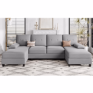 Shintenchi Sectional Couches for Living Room, U Shaped Sofa Couch with Double Chaise, 4-Seat Living Room Furniture Sets with Soft Cushion & Linen Fabric, Light Grey