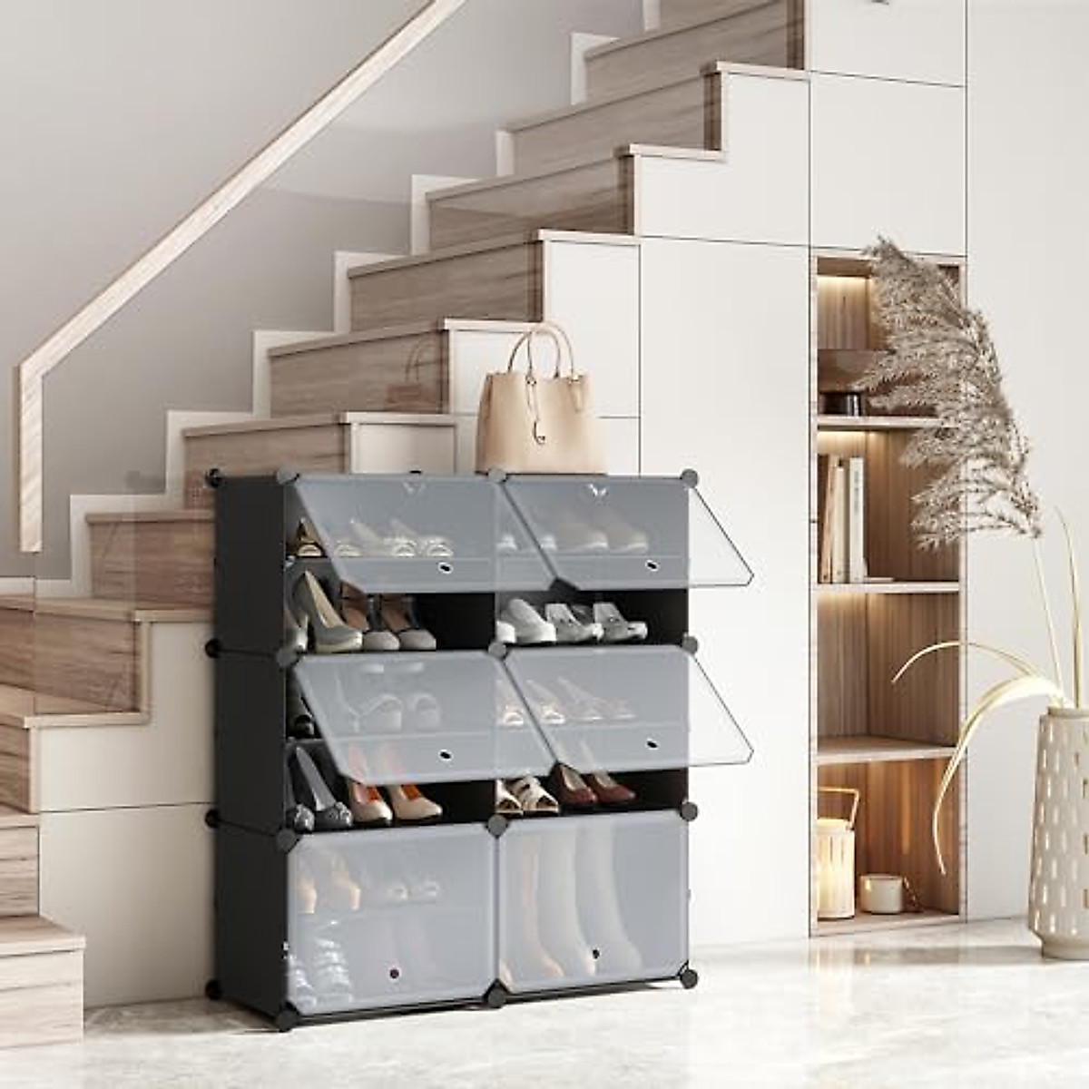 Cuzdeco Shoe Organizer Cabient, 6 Cube 12 Tiers Shoe Rack with Door, 24 Pairs Plastic Shoes Storage Cabinet Expandable Free Standing Shoe Rack, for Closet Entryway Hallway Bedroom, Black