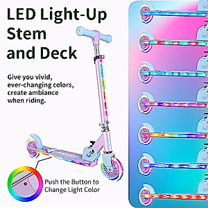 BELEEV Scooters for Kids Ages 3-12 with Light-Up Wheels & Stem & Deck, 2 Wheel Folding Scooter for Girls Boys, 3 Adjustable Height, Non-Slip Pattern Deck, Kick Scooter for Children (Purple)