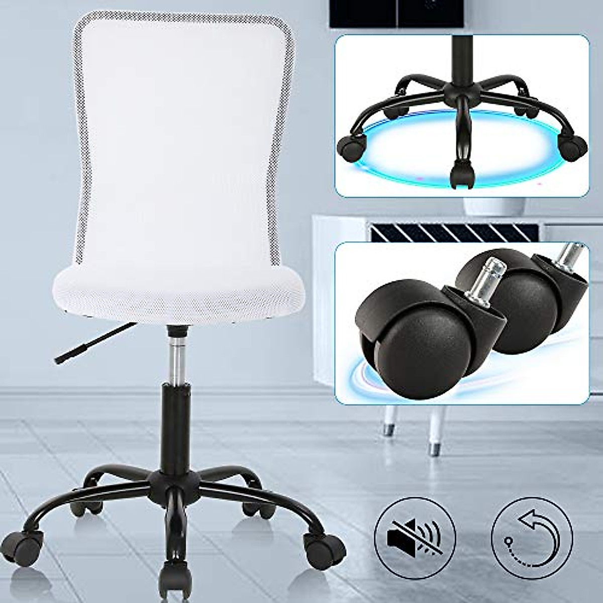 BestShop Home Office Chair Computer Chair Mid Back Mesh Chair, Desk Chair Height Adjustable Modern Task Chair No Armrest Rolling Swivel Chair Student Office Chair with Wheels,White