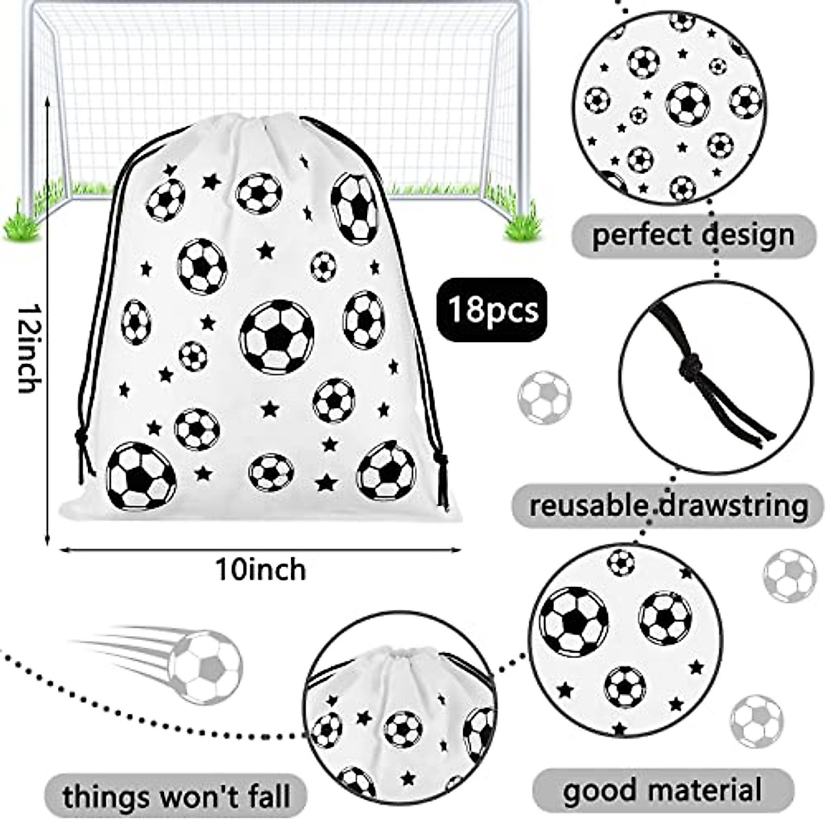 Shappy 18 Pieces Soccer Print Non Woven Bags Soccer Drawstring Bags Large Treat Candy Goodie Present Bags for Birthday Party Favors, 10 x 12 Inch (Soccer)