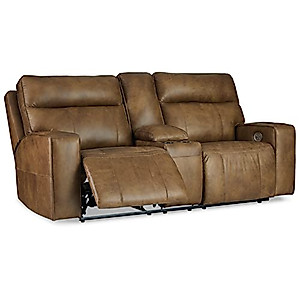 Signature Design by Ashley Game Plan Contemporary Tufted Leather Power Reclining Loveseat with Console and Adjustable Headrest, Light Brown