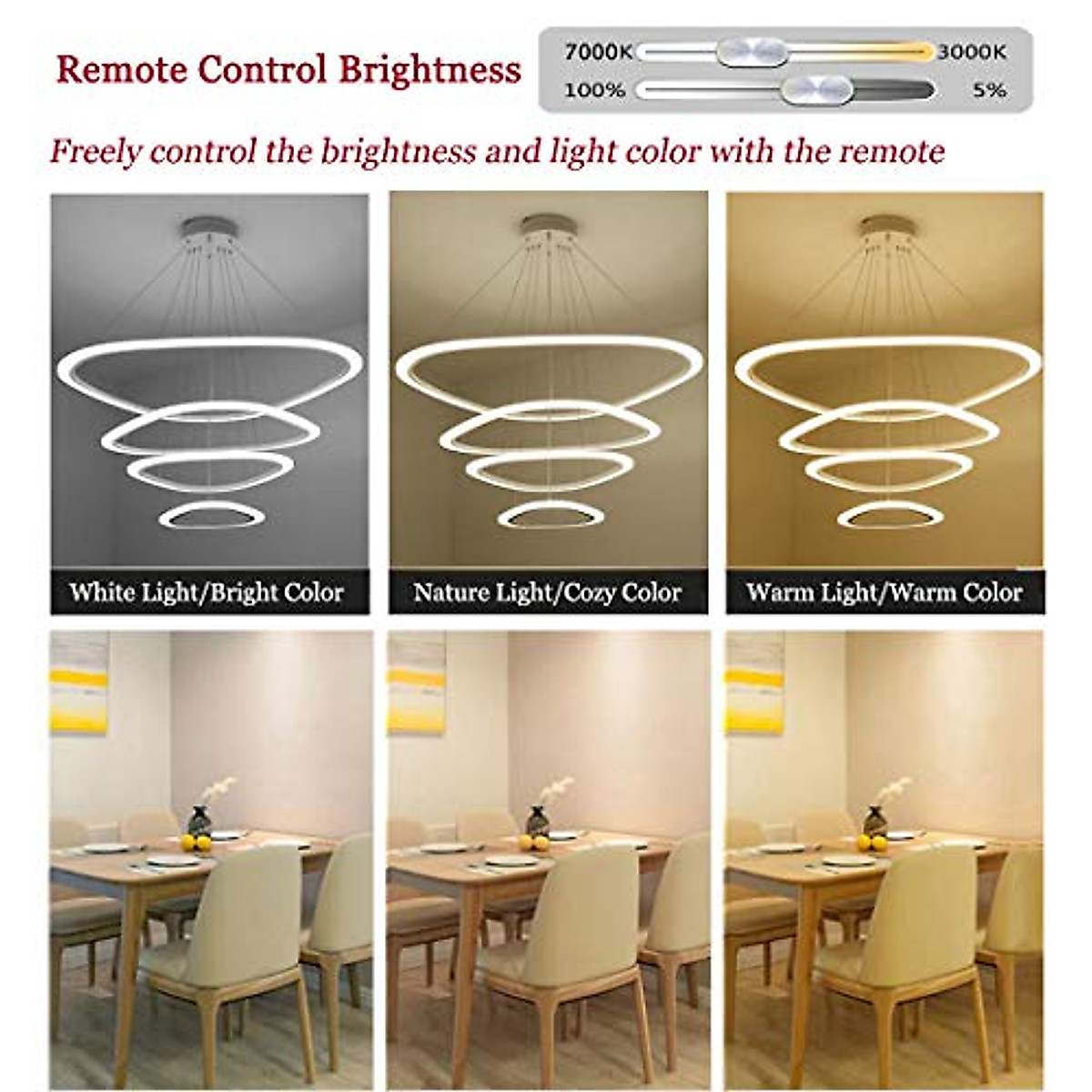 Ziplighting Modern LED Chandelier Pendant Light with 4 Triangle Ring Adjustable Pendant Light Ceiling Fixture Contemporary for Bedroom Living Room Dining Room Kitchen Island with Remote Control