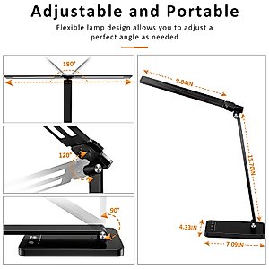 Smaeti LED Home Office Dimmable Desk Light with USB Charging Port, 5 Color Modes with 6 Brightness Levels,Auto Timer, Eye-Caring Desk Lamp for Dorm Study Reading