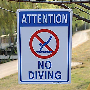 Attention No Diving Pool Sign,14 x 10 inches,Reflective Aluminum,Easy to Mount,UV Protected,Weather Resistant,Waterproof,Durable Ink,Outdoor or Indoor Use,2 Pack