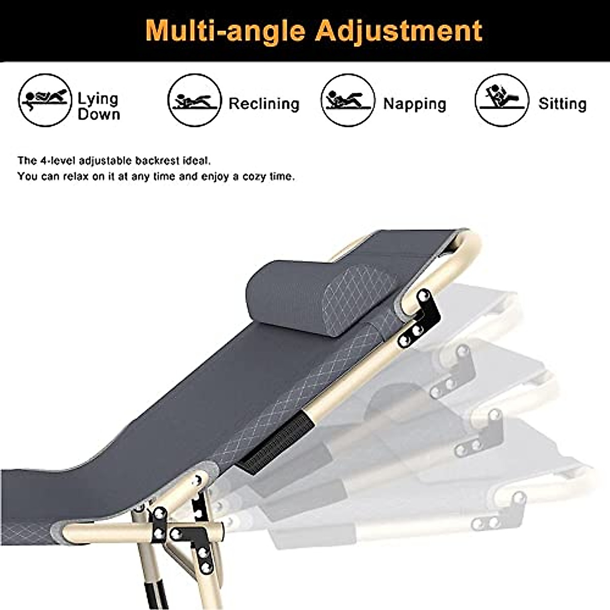 tiyiawi Patio Lounge Chair, 4-Fold Portable Camping Folding Tanning Chair Lightweight Portable Sunbathing Recliner for Outdoor, Lawn, Patio, Beach, Sunbathing, Tanning, Deck with Pillow