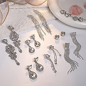 Thunaraz Elegant Clip on Earrings for Women Crystal Teardrop Wedding Earrings Clip on Rhinestone Formal Chandelier Dangle Earrings for Brides Bridesmaids Silver Round