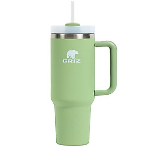 GRIZ Soft Matte H20 Flow (Bay Leaf) | 40 oz Tumbler with Handle and Straw Lid | Insulated Cup Reusable Stainless Steel Water Bottle Travel Mug Cupholder Friendly | Gifts for Women Men | Coffee Water