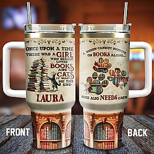 WAZONE Personalized Books and Cats Coffee Tumbler 40oz with Handle and Straw Custom Name Travel Coffee Mug Birthday Christmas Thanksgiving Gift For Librarians Cat Lovers Friends Women Girls