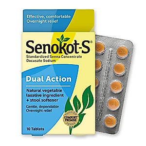 Senokot-S Dual Action 60 Tablets, Natural Vegetable Laxative Ingredient Plus Stool Softener Tablets, Gentle Dependable Overnight Relief Of Occasional Constipation White