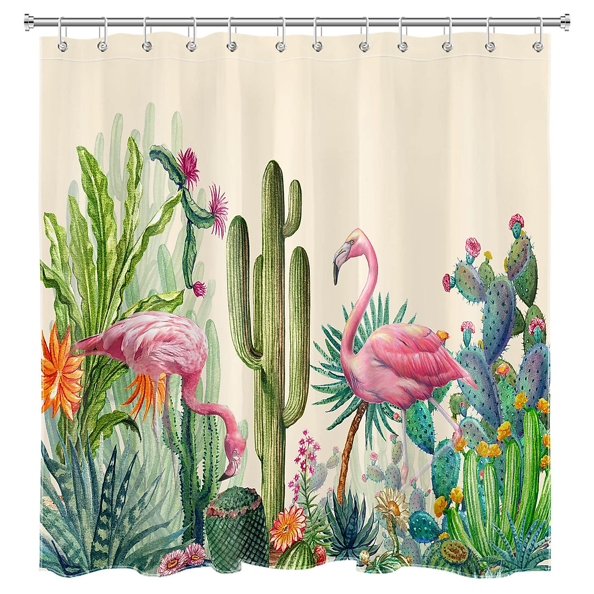 HVEST Cactus Flamingo Shower Curtain for Bathroom, Tropical Green Succulent and Pink Flamingo on Beige Shower Curtain with Hooks, 72X72 inches Sage Green Plant Polyester Fabric Bathroom Curtain