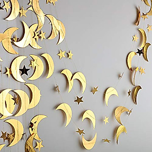Glitter Star Moon Garland Banner Decoration, 130 Feet Gold Bright Star Moon Paper Garland Hanging Bunting Banner Backdrop for Graduation Class Congrats Grad Party Decoration