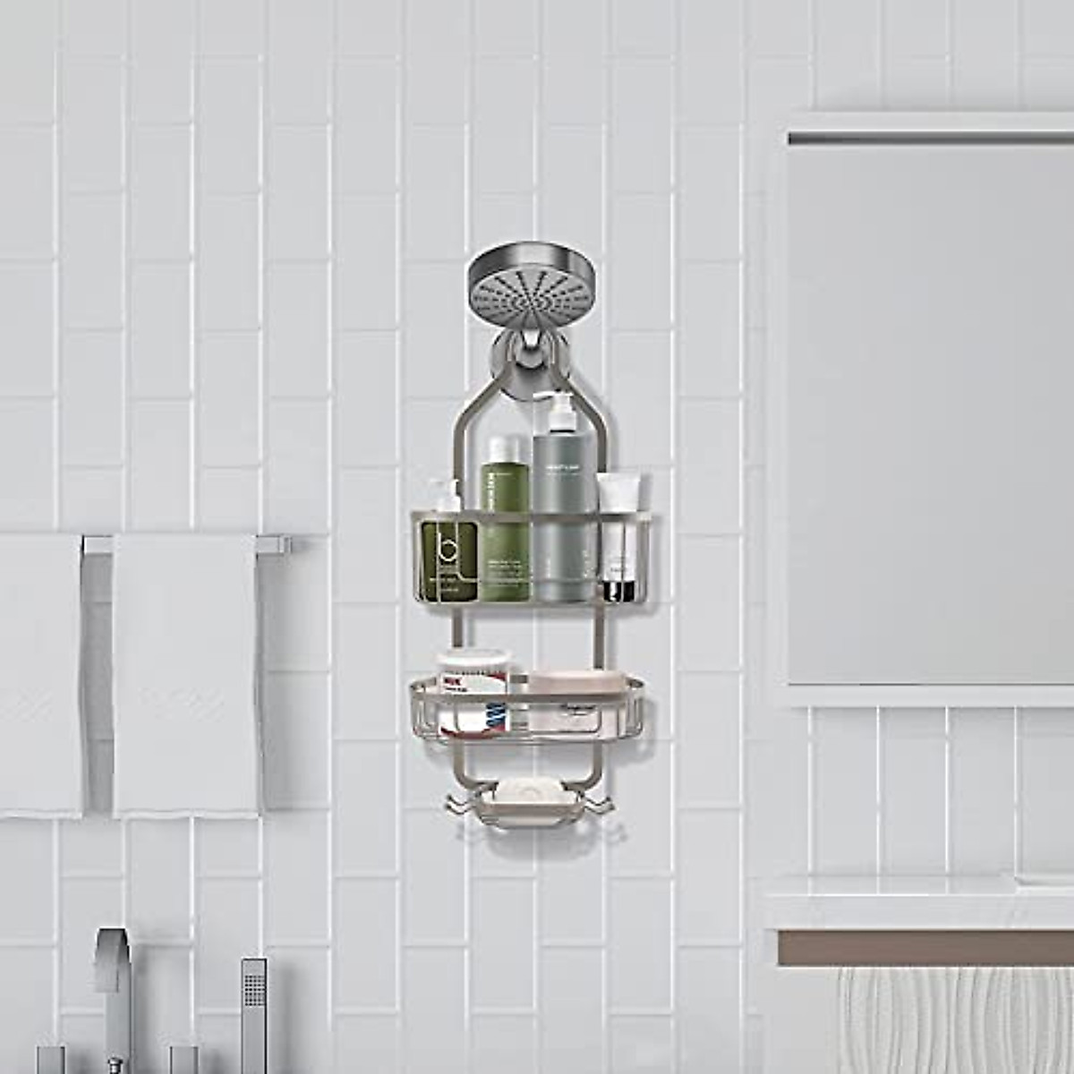 YUNWANG Bathroom Shower Caddy Over Shower Head，Stainless Steel Shower Caddy Hanging for Shampoo and Conditioner，Shower Rack with Hooks for Razors Towels，Sliver，24.8x11x3.9 Inch