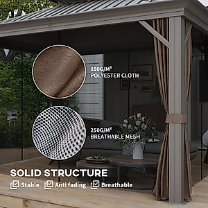 Outsunny 10' x 12' Hardtop Gazebo with Curtains and Netting, Permanent Pavilion Metal Double Roof Gazebo Canopy with Aluminum Frame and Hooks, for Garden, Patio, Backyard, Dark Brown