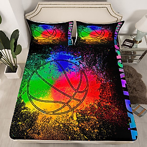 Basketball Sheet Set Twin,Blue Red Green Tie Dyed Bed Sheets for Kids Boys Teens,Grunge Neon Sports Bedding Set,Neon Ball Game Fitted Sheet Deep Pocket + Flat Sheet + 1 Pillowcase Bedroom Decor