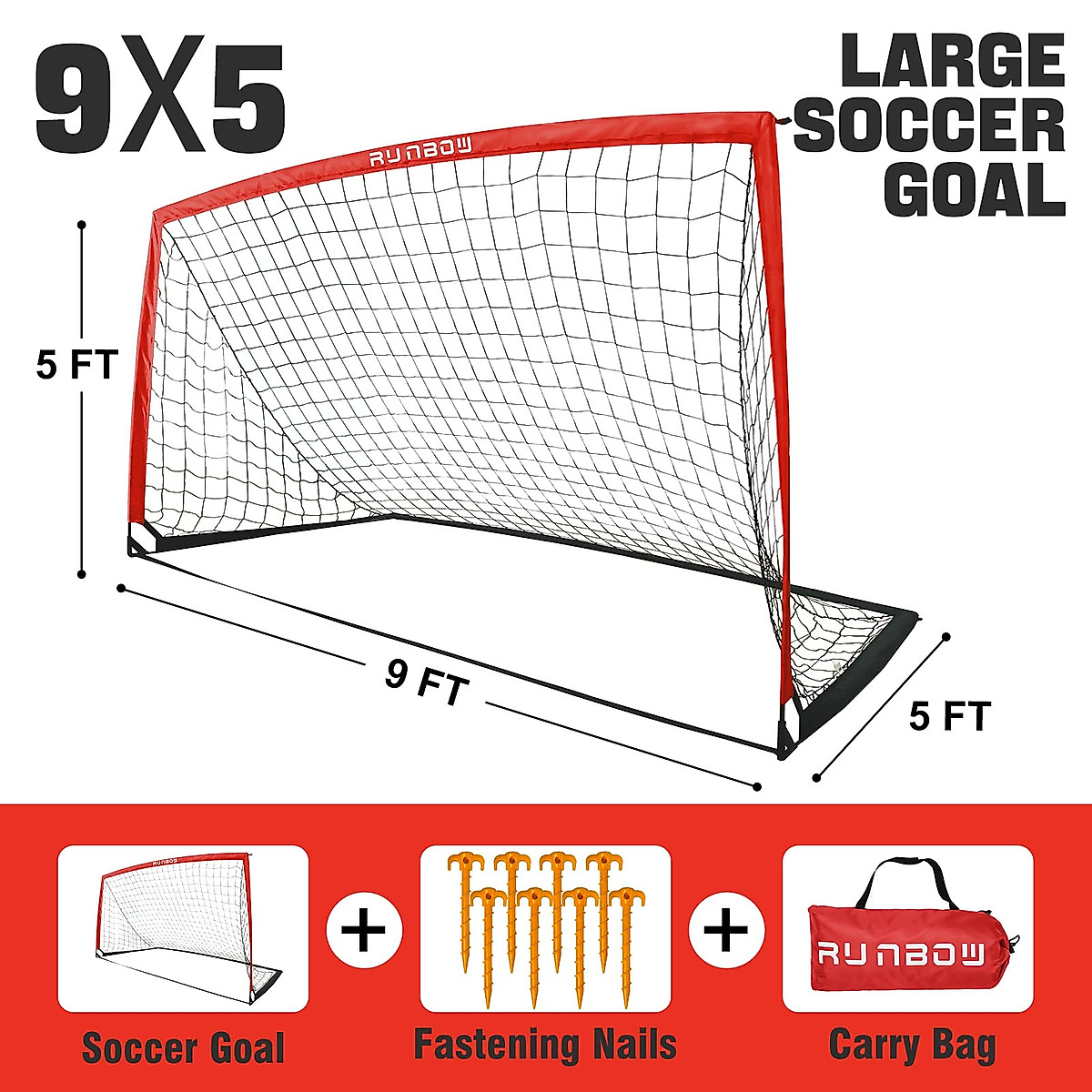 RUNBOW 9x5 ft Portable Kids Soccer Goal for Backyard Adult Junior Large Practice Soccer Net with Carry Bag (9x5ft, Red, 1 Pack)