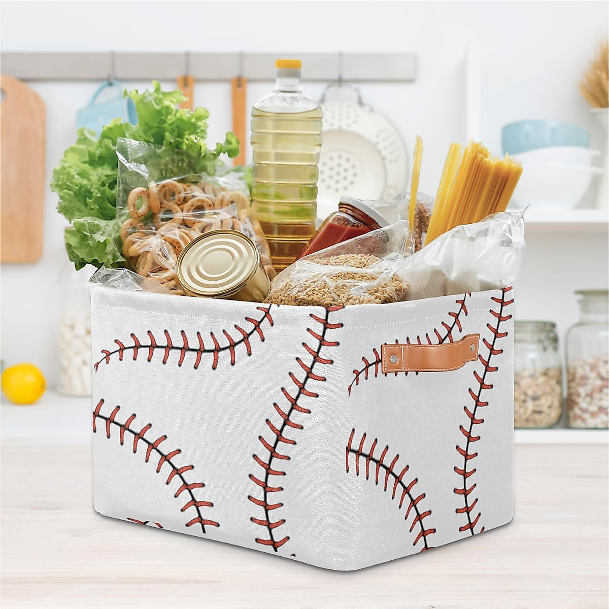 Baseball Storage Bin Basket, White Softball Large Toys Storage Cube Box with Handles, Collapsible Laundry Basket Rectangular Waterproof Storage Organizer Bin for Nursery Bedroom Shelves Gift Basket