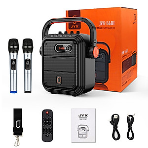 JYX Karaoke Machine with 2 UHF Wireless Microphones,5200mAh Portable Microphone Speaker Set Bluetooth 5.0 Rechargeable PA System with TWS,FM, REC,Stage Subwoofer Supports BT/USB/TF Card/Aux for Party