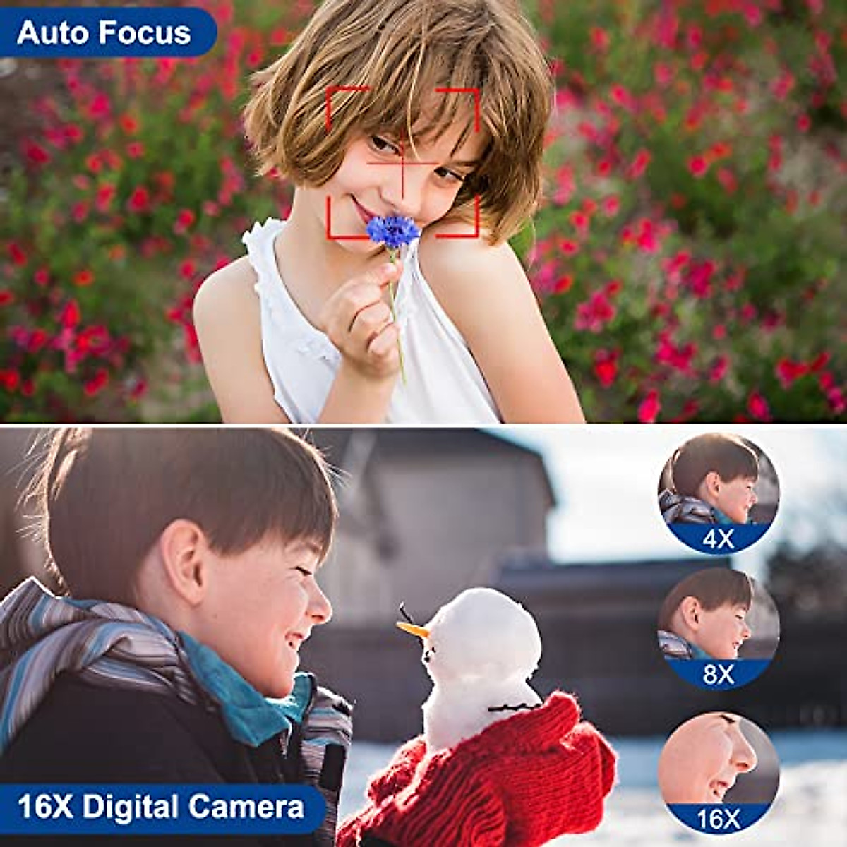 4K Digital Camera 48MP Kids Compact Camera Autofocus 16X Digital Zoom Children Portable Camera for Boys, Girls,Beginners (with 32GB SD Card and 2 Batteries)