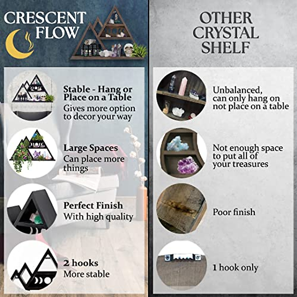 Crystal Display Shelf for Stones, Oils, Plants & Trinkets - Stylish Crystal Shelf Display Holder, Pre-Assembled Mountain Shelf Witchy Room Decor & Moon Phase Design - Stable Wall or Surface Placement