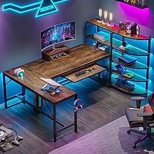 SEDETA L Shaped Computer Desk, 65'' Office Desk with Keyboard Tray & LED Light, L Shaped Desk with Storage Shelves and Monitor Stand for Home Office, L Desk, Rustic Brown