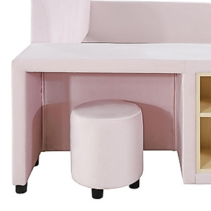 Modern Queen Size Upholstered Grounded Bed Mother & Child Bed Velvet Fabric Upholstered Floor Platform Bed with Bedside Desk and Little Round Stool for Kids Teens Boys Girls Adults (Pink-@9.9)