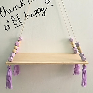 DEERWIN Hanging Shelf for Wall, Wood Hanging Shelves with Beads Tassels Boho Decor Swing Rope Rustic Floating Shelf，Wall Display Shelving Home Organizer Rack for Living Room Bedroom Kitchen (Purple)
