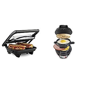 Hamilton Beach Panini Press Sandwich Maker & Electric Indoor Grill with Locking Lid + Hamilton Beach Breakfast Sandwich Maker with Egg Cooker Ring