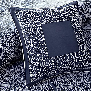 Madison Park Medina Comforter Set-Casual Jacquar Damask Design All Season Cozy Bedding, Matching Bedskirt, Shams, Decorative Pillows, Queen (90 in x 90 in), Damask Navy 8 Piece