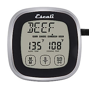 Escali Touch Screen LCD Display Digital Timer Oven Safe Stainless Steel Probe with Temperature Alert, Black