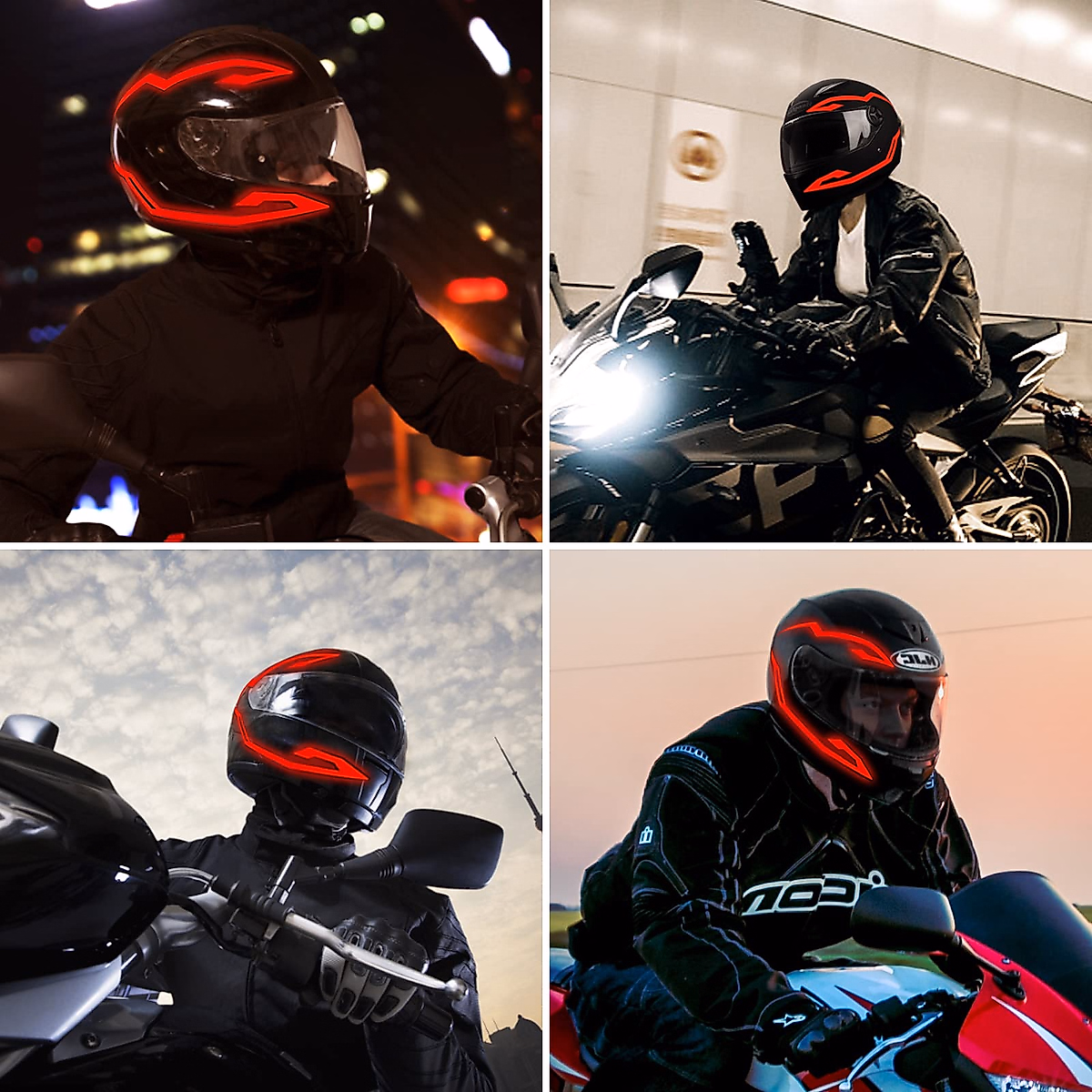 JIGUOOR 4PCS Motorcycle Helmet Light, Night Riding Signal Helmet EL Light, 3 Mode Led Helmet Light Strip Decoration Accessories Kit for Motorcycle (Red,Battery Powered)
