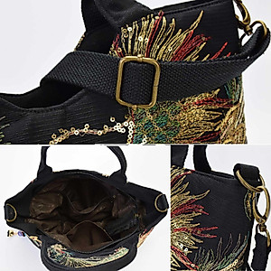 Women's Shoulder Bag Vintage Ethnic Style Peacock Embroidered Canvas Handbags Ladies Travel Shopping Large Tote Bag (Red)