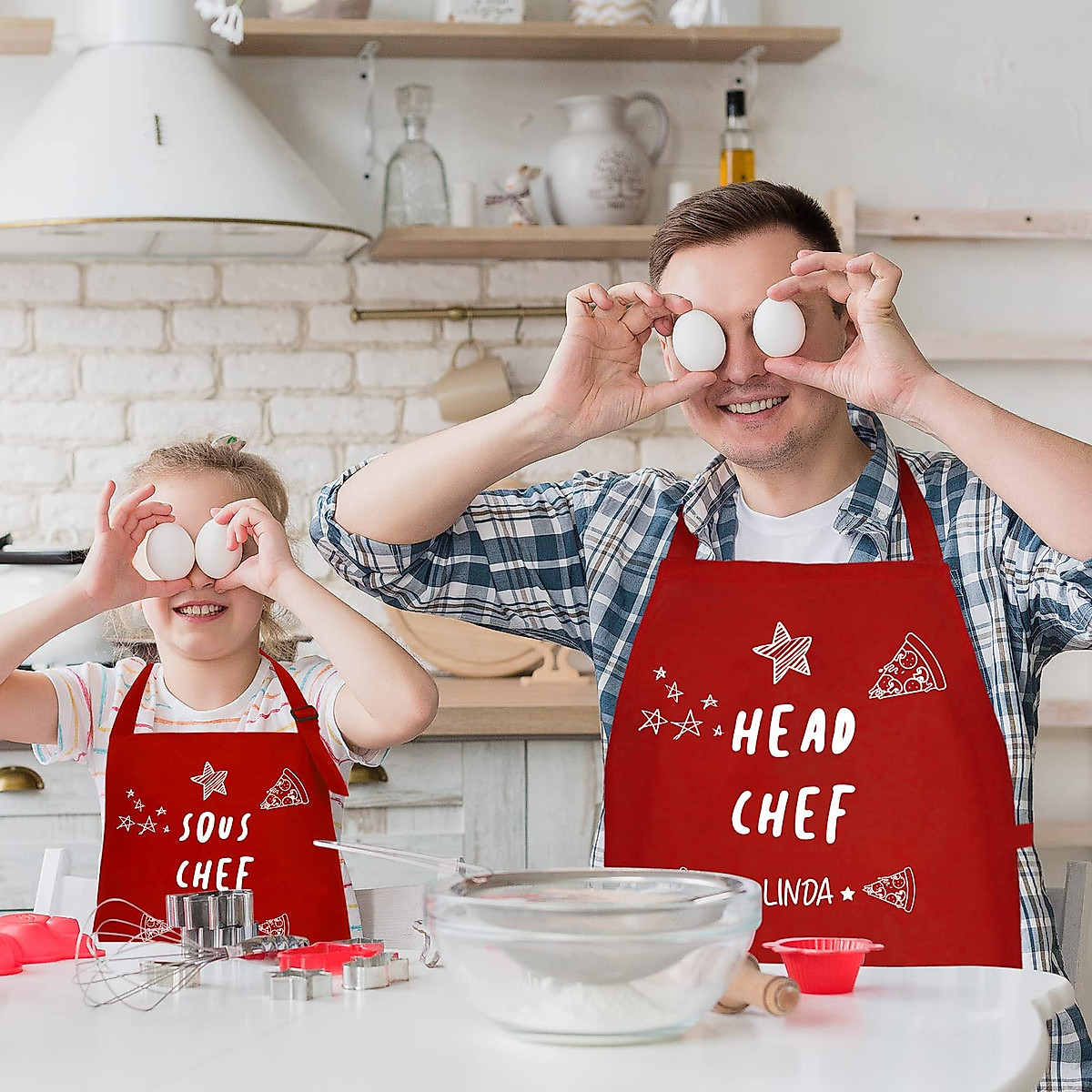 Atdesk Customized 2 Pack Parent-Child Aprons, Matching Family Apron Set, Adjustable Father Son Mummy Daughter Cooking Apron, Head Chef Sous Chef Bib Aprons with Pockets(Red)