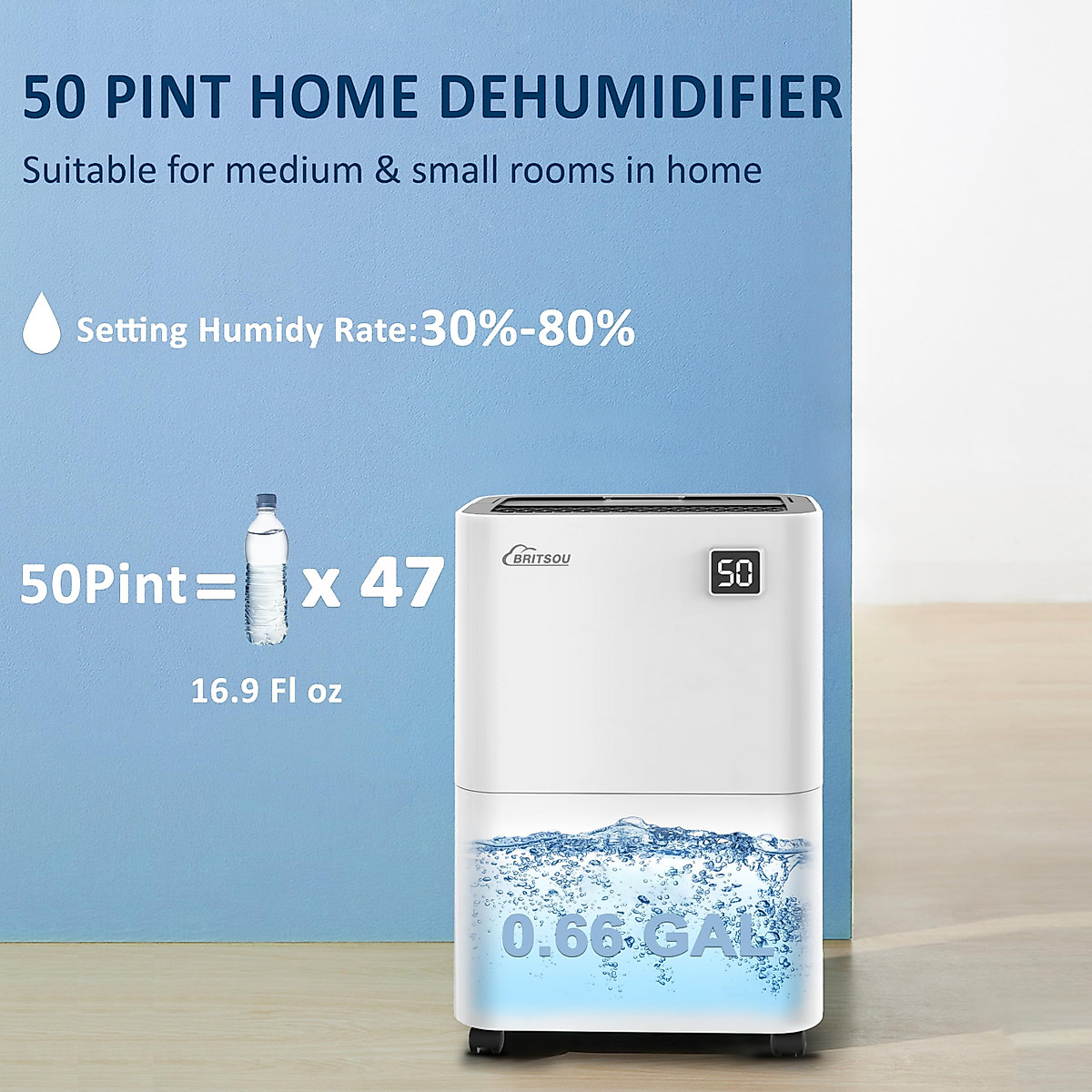 50 Pints Dehumidifier for Basement, Britsou Dehumidifiers for Home with Drain Hose - Quiet Smart Dehumidifier with 3 Modes, 24 Hr Timer - Ideal for Home Bedroom, Bathroom
