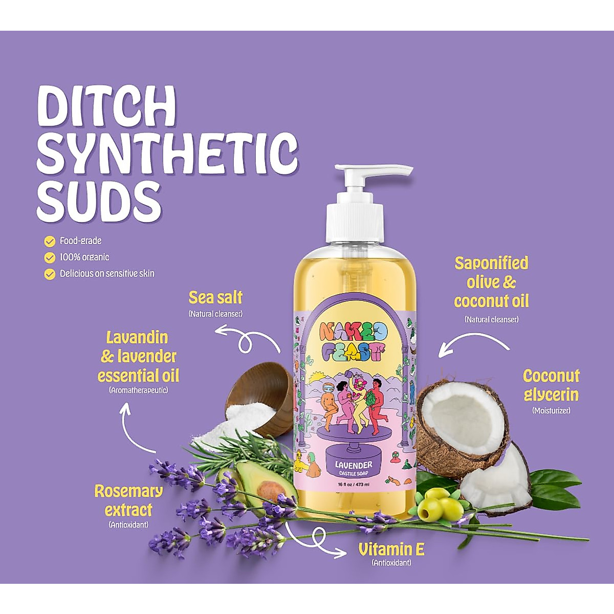 Naked Feast Lavender Castile Soap, Lavender Body Wash, Natural Body Wash, Organic Body Soap Liquid Gel for Women & Men - 16 oz