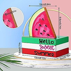 4 Piece Summer Tiered Tray Decor Wooden Watermelon Book Table Centerpieces Farmhouse Hello Sweet Summer Watermelon Stacked Book Decor Summer Decoration for Home Shelf Kitchen Party Decoration