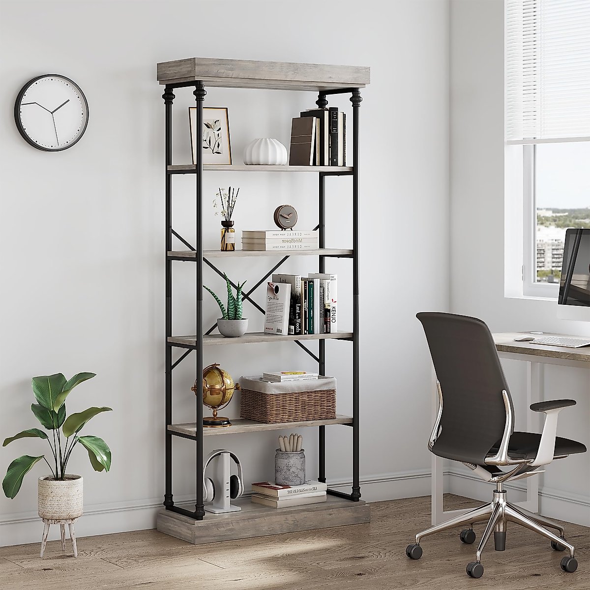 IDEALHOUSE Industrial Bookshelf Wood Bookcase 6 Tier Storage Open Rack Shelf with Metal Frame Rustic Tall Standing Bookshelves Large Grey Display Rack for Bedroom,Living Room and Home Office