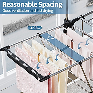 APEXCHASER Clothes Drying Rack with High Hanger, Foldable 3-Level Drying Racks with Shoe Rack, Crossbar and Vertical Rod Laundry Stand with Adjustable Wings
