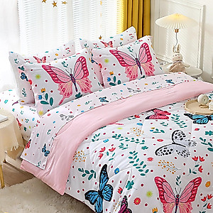 Jameswish Girls Butterfly Comforter Set Full Size 7 Piece Bed in A Bag Colorful Flowers Leaves Bedding Set for Kids Teens Super Soft All Season