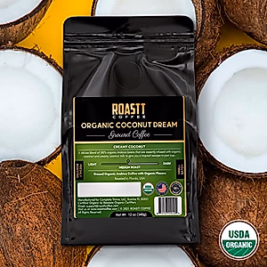 Coconut Coffee | Toasted Coconut Ground Coffee | Gourmet Medium Roast Organically Flavored Coffee Ground | Caffeinated Organic Toasted Coconut Coffee - 12 Ounce Roasted Flavored Coffee Grounds by Roastt Organic