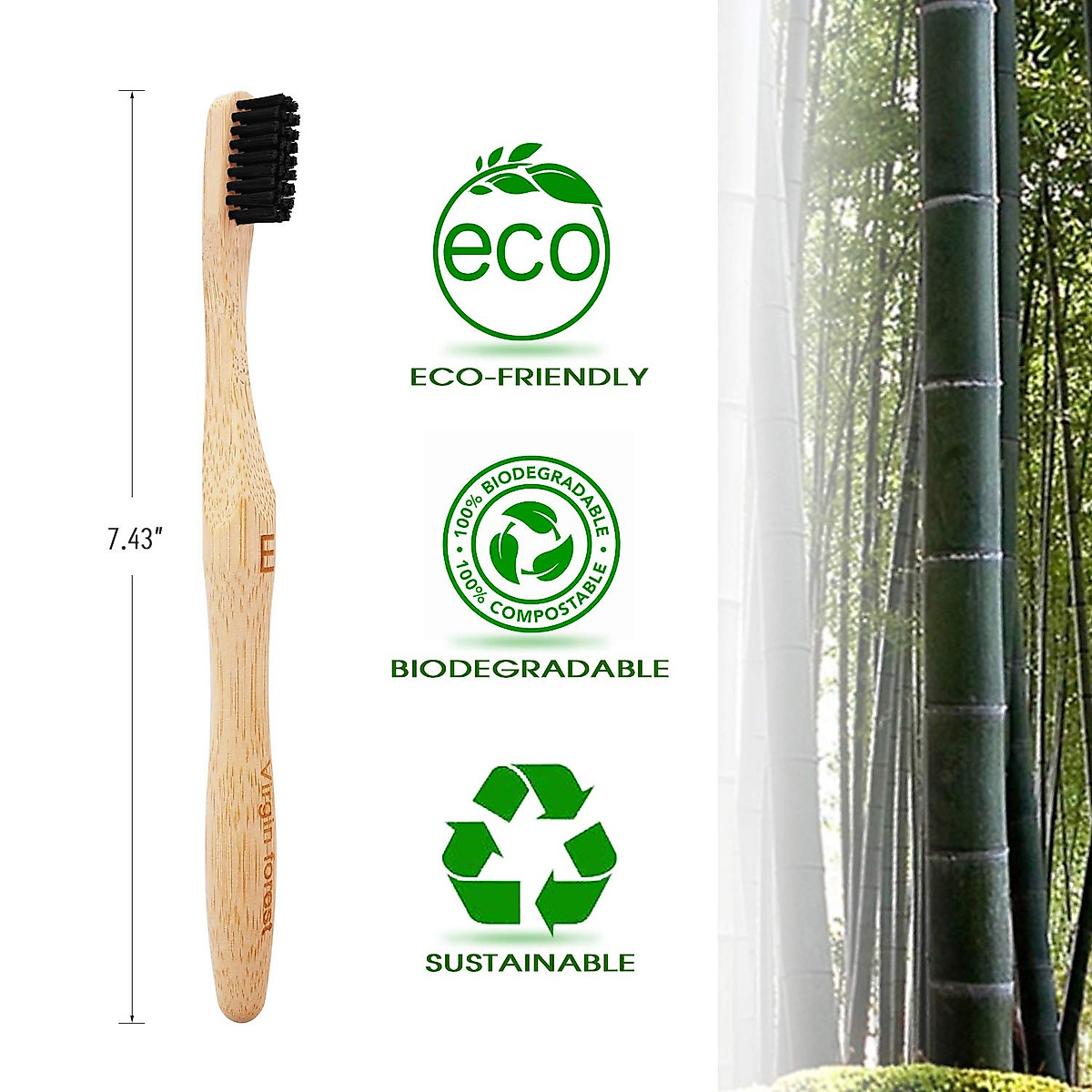 Virgin Forest Bamboo Toothbrush, Biodegradable Bamboo Charcoal Toothbrushes, Natural Eco Friendly Wooden Toothbrush 6-Pack