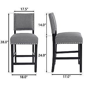 DAGONHIL 24 inch Bar Stools Set of 2, Counter Height Stools, Fabric Upholstered Barstools with Back and Wood Leg, Armless Dining Chairs with Silver Copper Nail for Kitchen Island Pub Living Room(Gray)