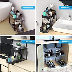 Bugdaben Under Sink Organizer - 2 Tier Sliding Under Cabinet Organizer with Dividers, Hooks and Hanging Cup, Multi-purpose Under Sink Organizers and Storage for Bathroom & Kitchen, 2 Pack