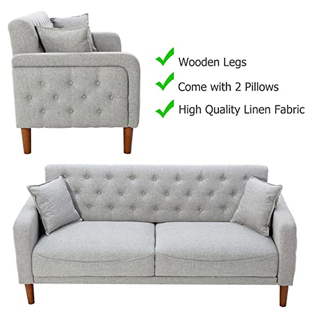 Aoowow Linen Fabric Sofas and Couches 78 Inches Long, Mid Century Modern Couch Tufted Back Sofa with 2 Throw Pillows, Armrest and Wooden Legs for Living Room, Apartment, Bedroom (Grey)