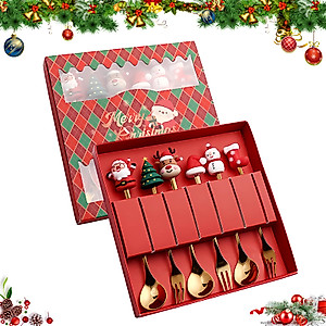 Ganbaro® Christmas Forks and Spoons, Dessert Forks and Spoons, Christmas Cutlery 3 Christmas Spoons and 3 Christmas Forks Stainless Steel Set with Gift Box for Festive Celebrations