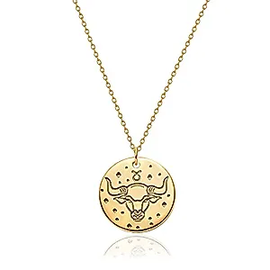 MEVECCO Gold Necklace Coin Disc Zodiac 12 Constellation Taurus Patterned Engraved Horoscope Sign Astrology Pendant 18K Gold Plated Chain Dainty Personalized Simple Jewelry