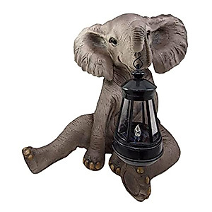 Ebros Safari Savanna Wildlife Animal Melee Adorable Pachy Elephant Statue Home Patio Decor Figurine with Solar LED Light Lantern Lamp 13.75"H Guest Greeter Elephants Path Lighter Sculpture